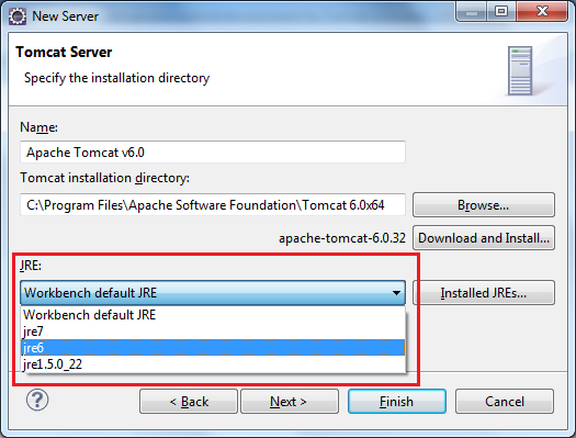 How to change Java runtime environment for Tomcat in Eclipse